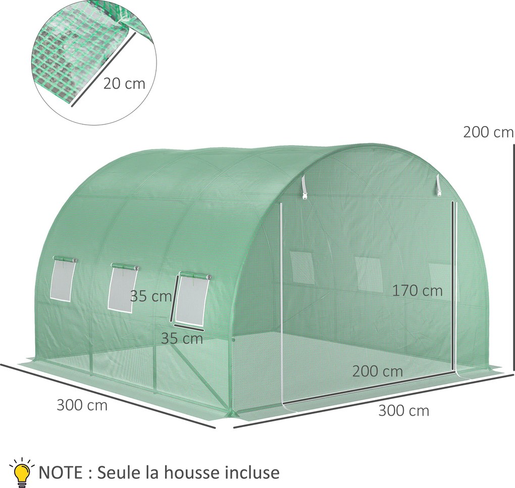 Náhradní plachta Outsunny pro zahradní skleníkový tunel 9 m², rozměry plachty 3L x 3B x 2H m PE anti-UV vodotěsná 6 oken + rolovací dveře na zip Zele…