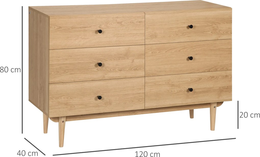HOMCOM Komoda se 6 Zásuvkami a Masivními Dřevěnými Nohy 120 x 40 x 80 cm Dřevěná Barva