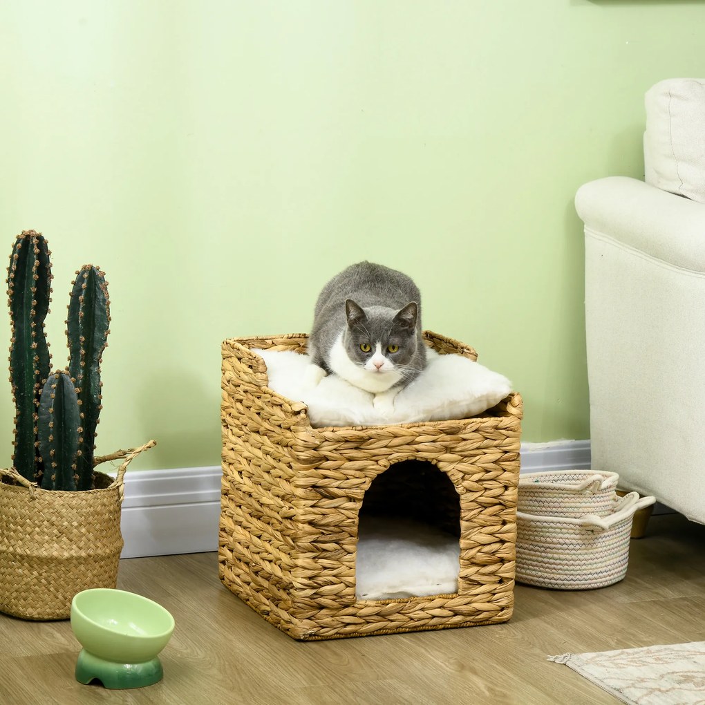PawHut ratanová kočičí jeskyně 2-úrovňový polštář vodní hyacint hnědý do 5 kg