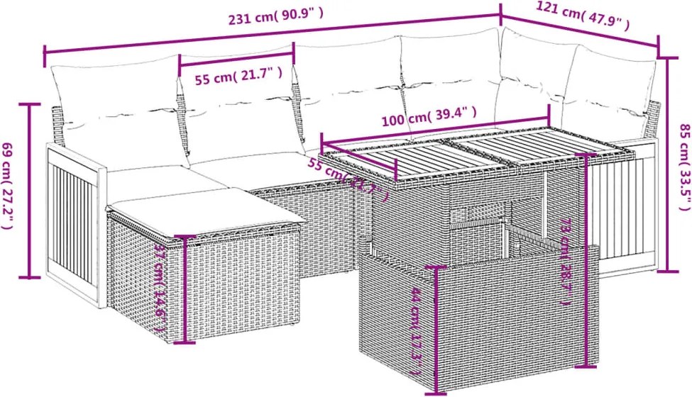 7dílná zahradní sedací souprava s poduškami béžová polyratan 3274061