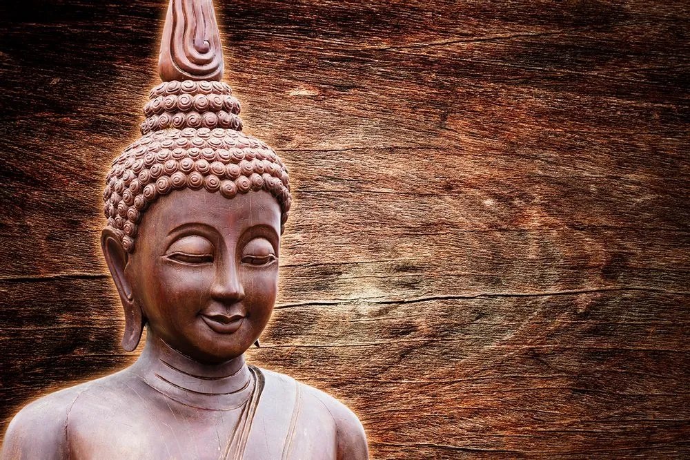 Samolepící tapeta socha Buddhy na dřevěném pozadí - 225x150 cm
