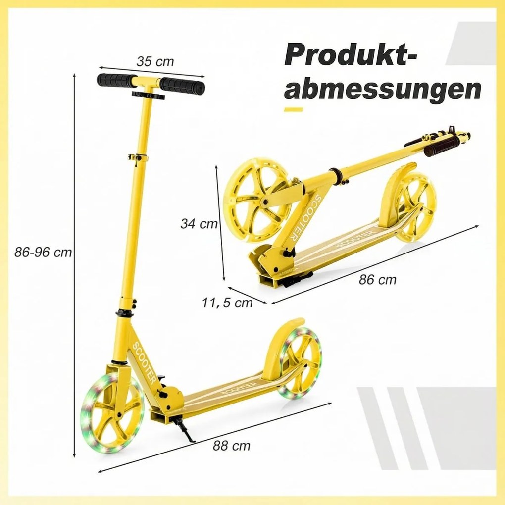 Costway Skládací koloběžka s nosností 100 kg a 2 LED koly, výškově – žluť