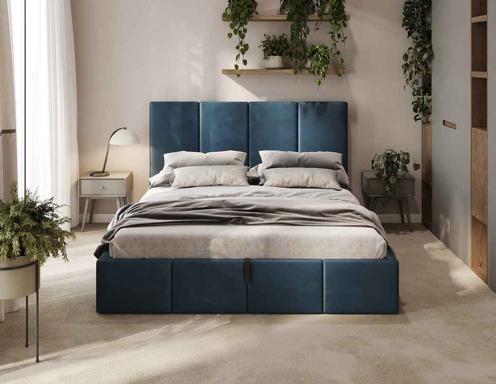 ComfortMatrace Čalouněná postel se zvedacím roštem a úložným prostorem Valencia Barva: Námořnická modrá/Navy Blue, Rozměr: 140x200 cm, Výška čela u hlavy: 110 cm