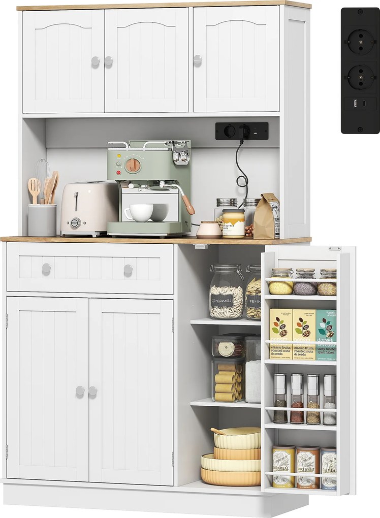HOMCOM vysoký kuchyňský buffet, kuchyňská skříňka, nabíjecí stanice, 6 dveří, pracovní deska, držák na koření, 100x40x173 cm, bílá