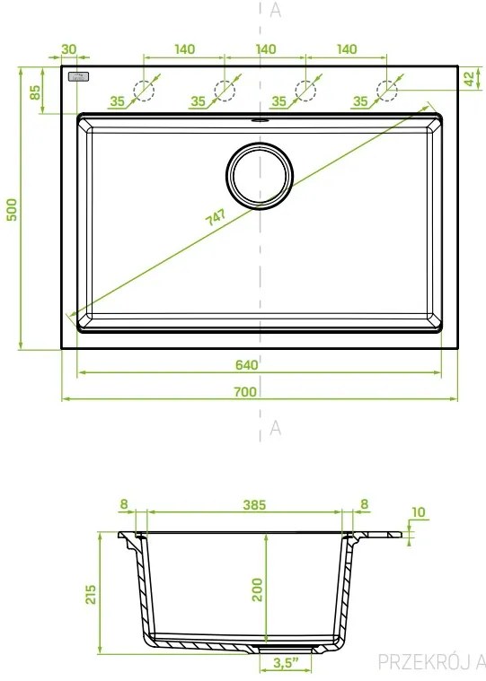 Laveo Tau, 1-komorový granitový dřez 700x500x215 mm, černá, LAV-SBT_7107