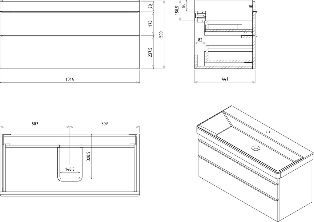 Sapho Sapho, SITIA umyvadlová skříňka 101,4x50x43,4cm, 2x zásuvka, bílá matná, SI105-3131