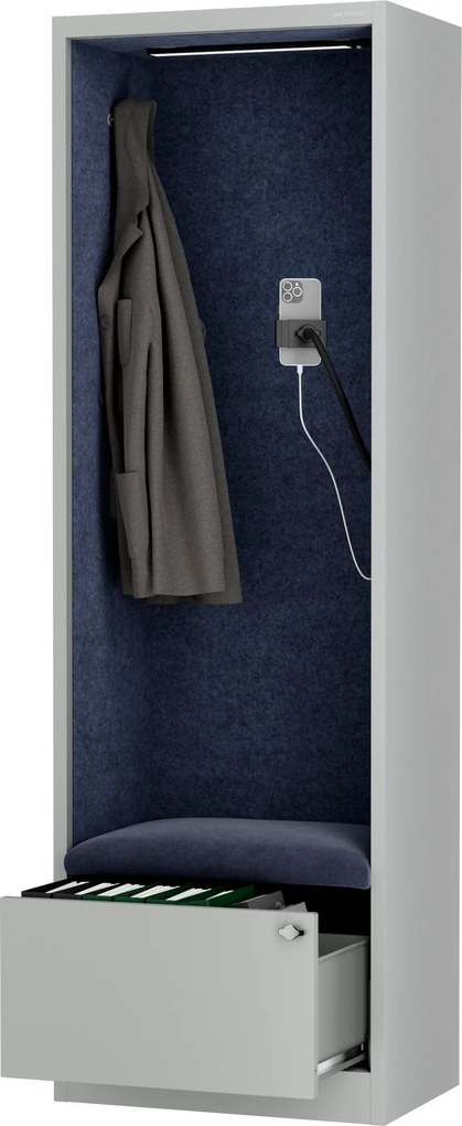 Kancelářská akustická kabina se sedátkem a USB-C portem, korpus šedý / sedák námořnická modrá, 600 mm: SALLY MentalBox