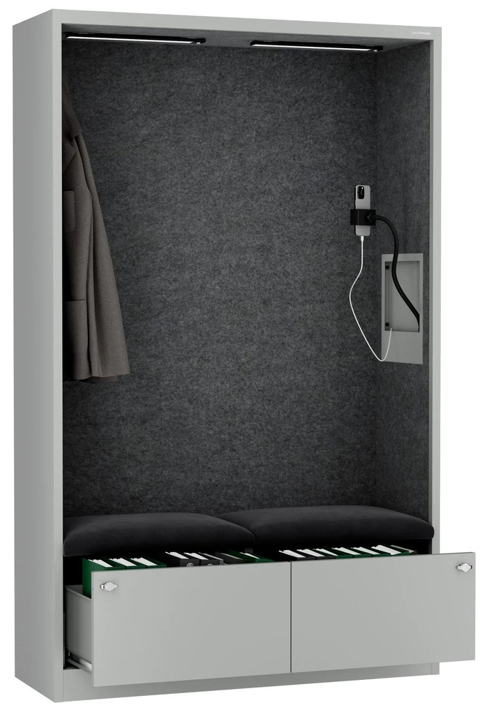 Kancelářská akustická kabina se sedátkem a USB-C portem, korpus šedý / sedák tmavě šedá, 1150 mm: SALLY MentalBox