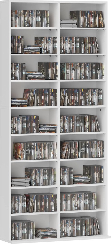 HOMCOM úložný stojan na CD a DVD 18 přihrádek, maximální kapacita 640 CD/360 DVD 430 Blu-ray, 78,5 x 24 x 175 cm, bílý
