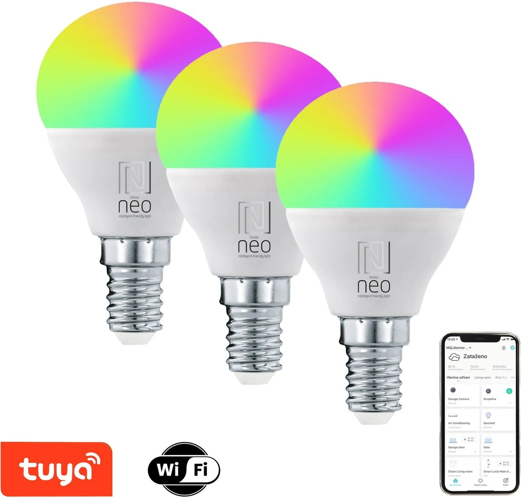 Led žárovka immax neo lite smart 3x žárovka led e14 6w rgb+cct barevná a bílá, stmívatelná, wifi, p45