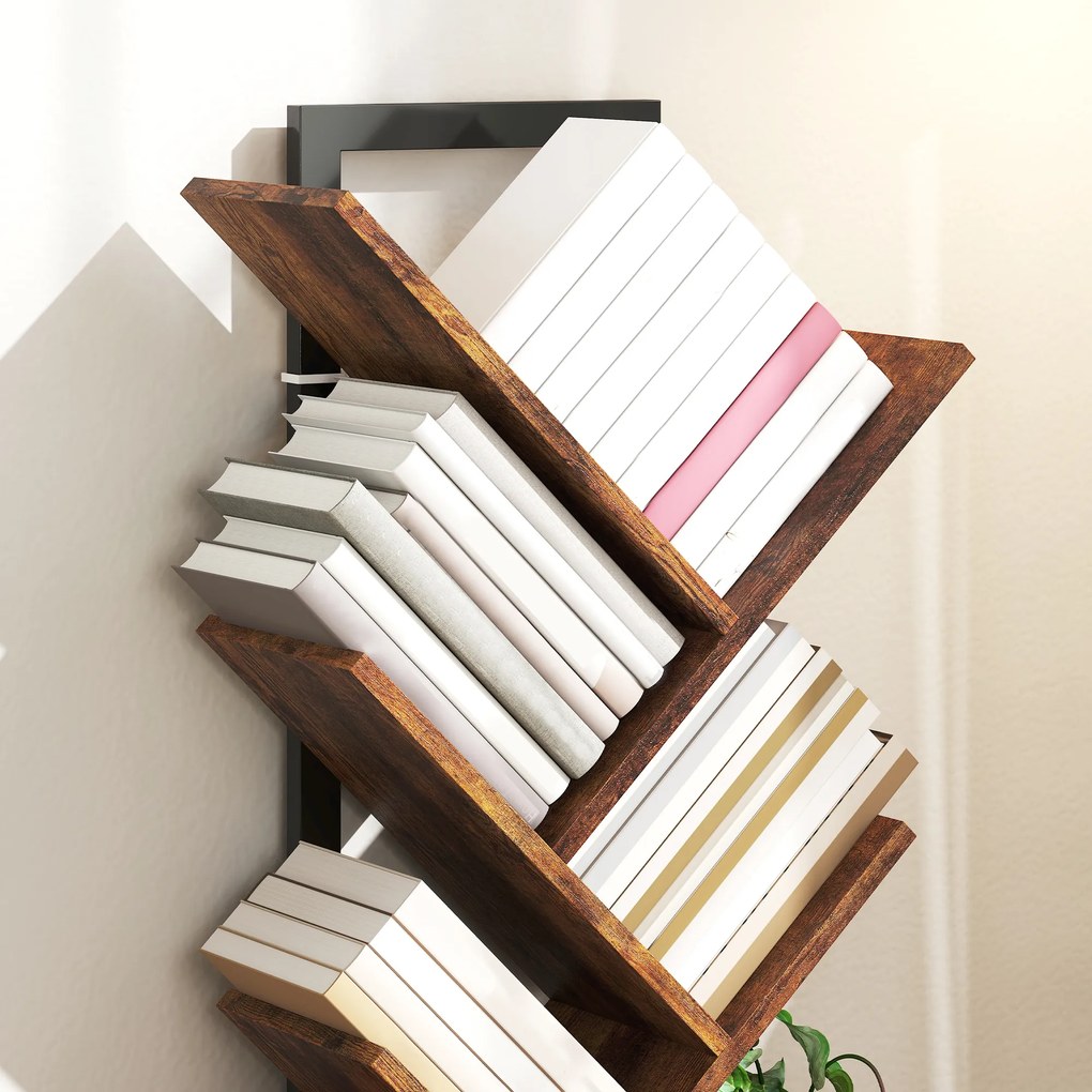 HOMCOM 9patrová stromová knihovna, průmyslový úložný nábytek s ocelovým rámem, 50x24x136 cm, rustikální hnědá
