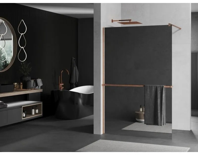 Mexen Kioto+, sprchová zástěna Walk-In s poličkou a věšákem 120 x 200 cm, 8mm sklo vzor zrcadlo, měděný matný profil, 800-120-121-65-50