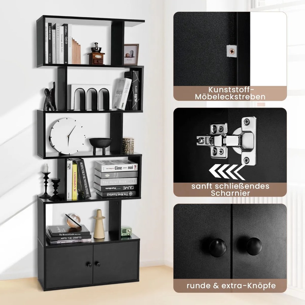 Costway Knihovna s dvířky a 5 vodorovně stojící police ze dřeva dělič místnosti
