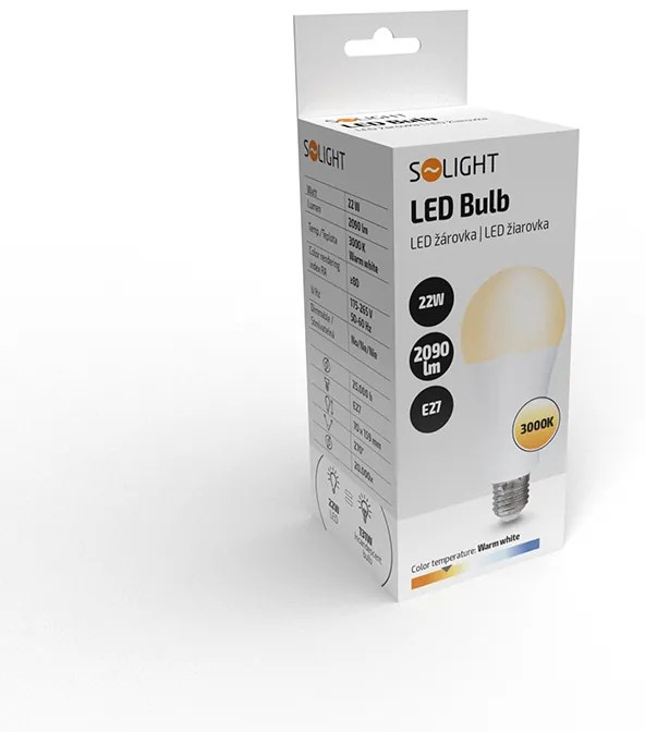 SOLIGHT LED žárovka klasický tvar A70 22W, E27, 3000K, 270°, 2090lm