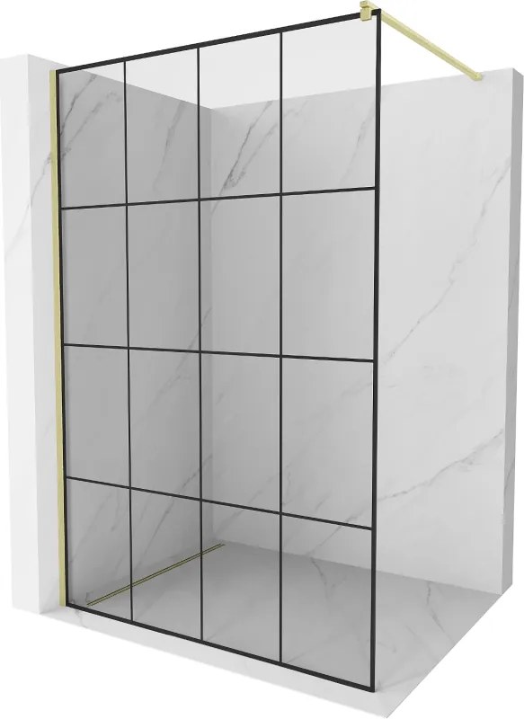 Mexen Kioto, sprchová zástěna Walk-In 150 x 200 cm, 8mm čiré sklo černý vzor, zlatý matný profil, 800-150-101-55-77