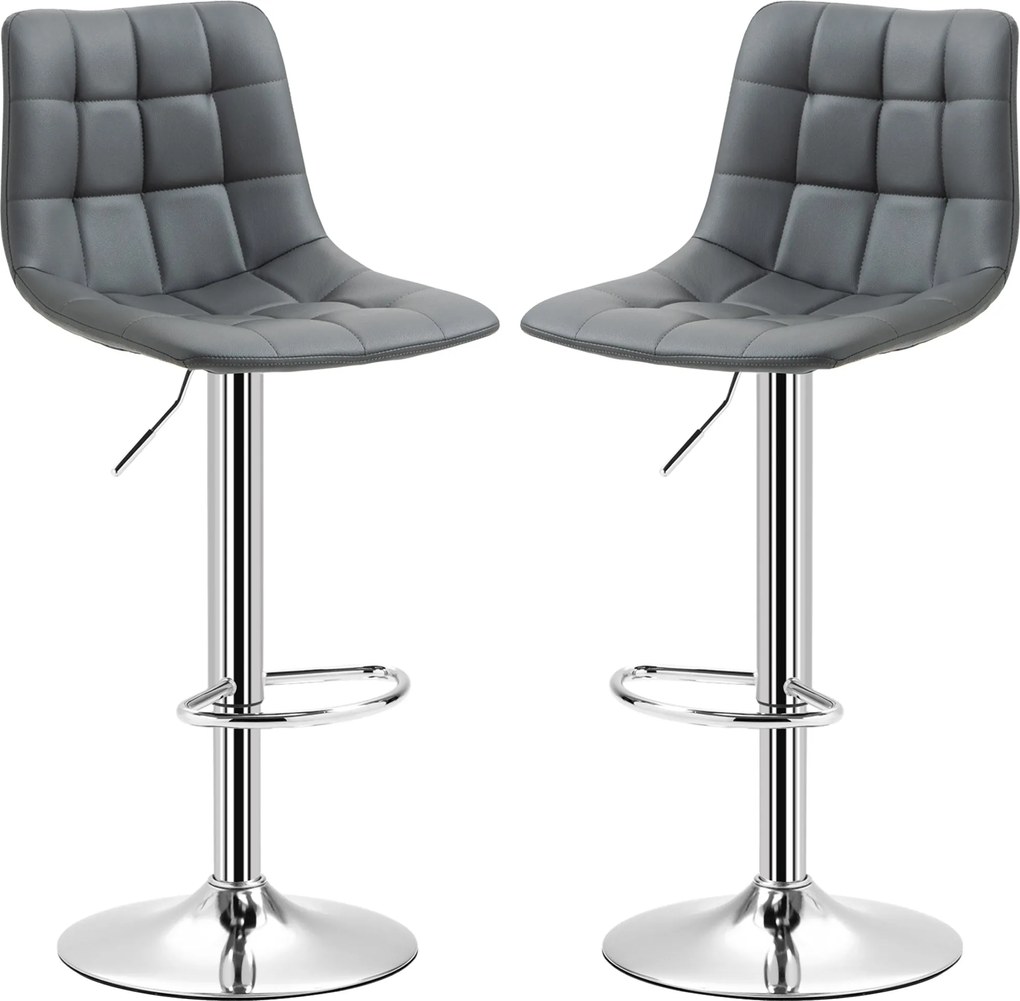 HOMCOM Sada 2 barových židlí z imitace kůže s opěradlem, otočné kuchyňské a obývací židle s opěrkou nohou, 42x45x89-110cm, Šedé | Aosom
