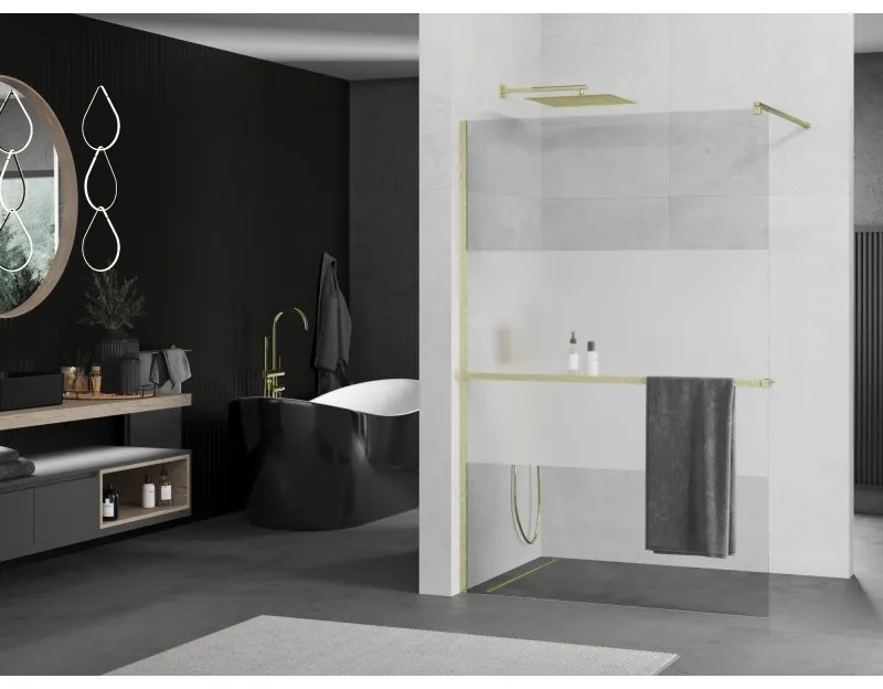 Mexen Kioto+, sprchová zástěna Walk-In s poličkou a věšákem 100 x 200 cm, 8mm čiré sklo-námraza, zlatý matný profil, 800-100-121-55-35