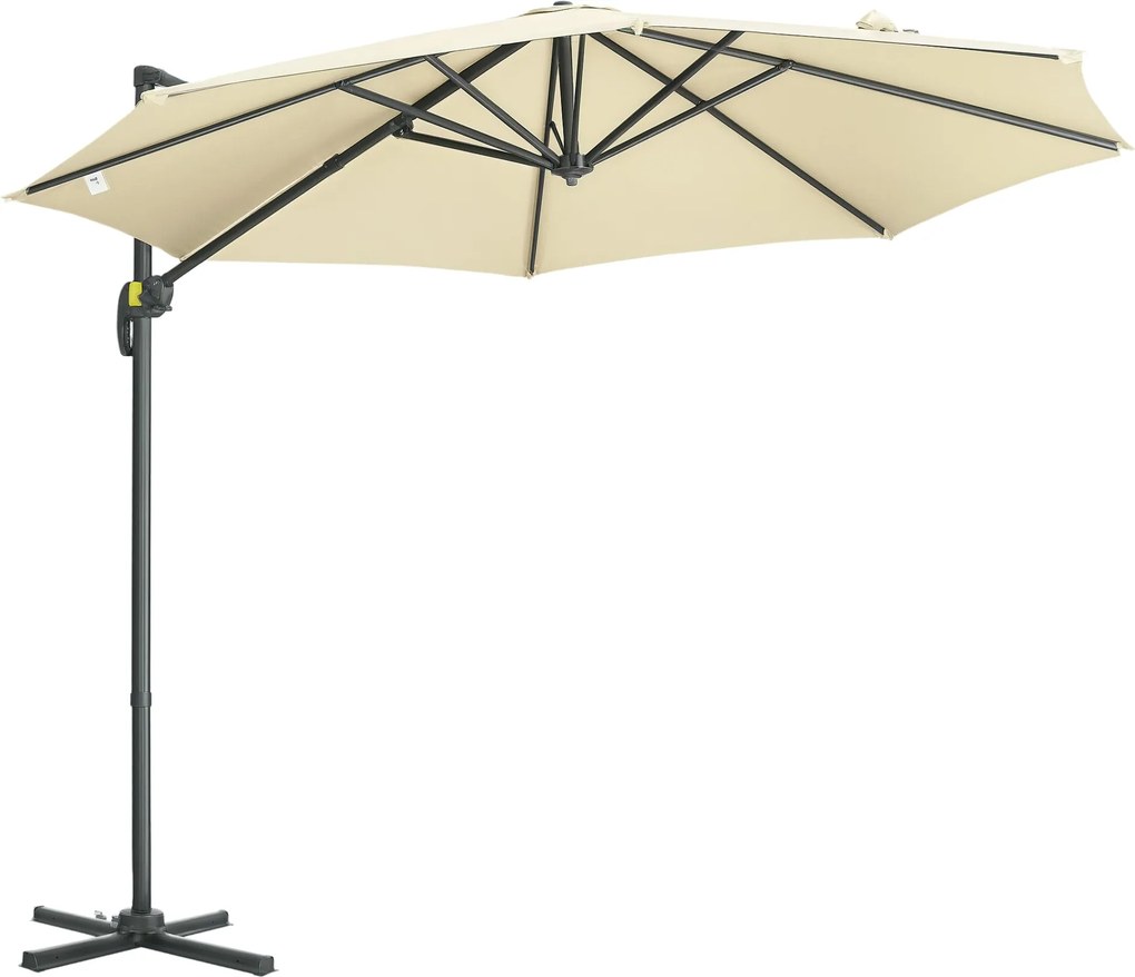 Zahradní slunečník Outsunny Ø300x250 cm s Eccentrickým hliníkovým rámem, naklápěcí mechanismus, rotace 360°, se stabilním podstavcem, krémový | Aosom