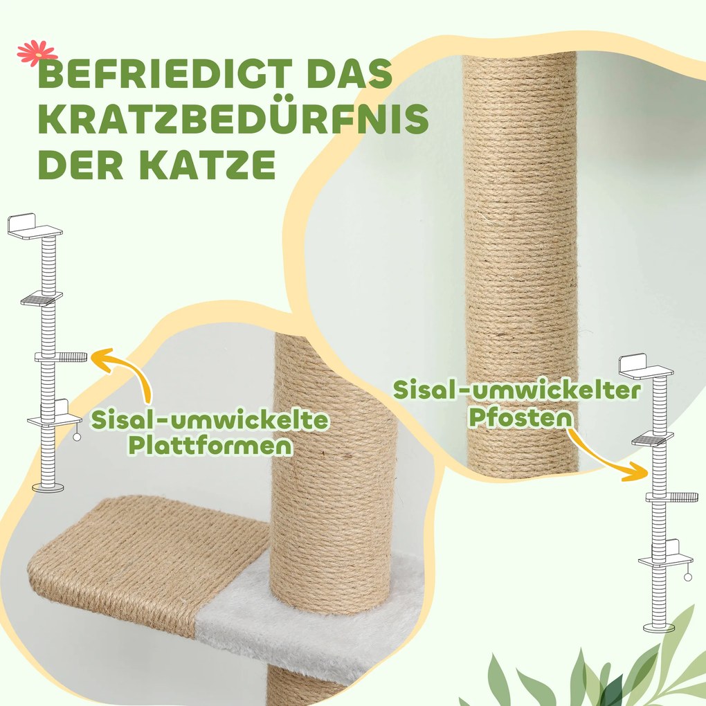 PawHut Kočičí škrabadlo, 5úrovňový design, hračky, sisalové sloupky, plyšová látka, světle šedé