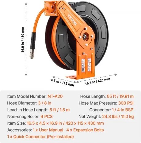 Zatahovací naviják vzduchové hadice 1 cm × 19,8 m Hybridní hadice Max 20,7 bar