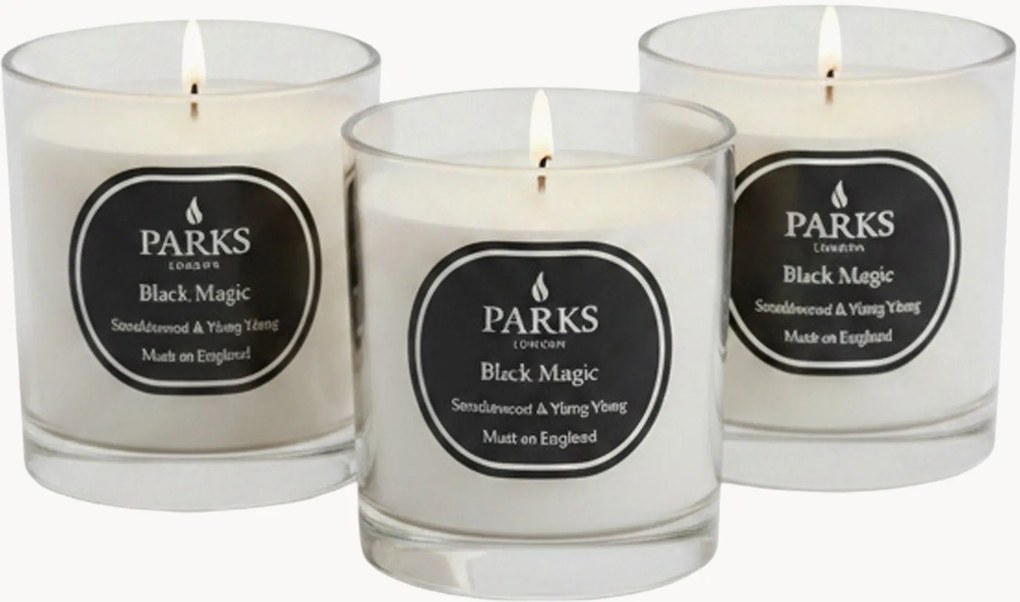 Sada ručně vyrobených vonných svíček Black Magic (santalové dřevo, ylang-ylang, teplá ambra), 3 díly