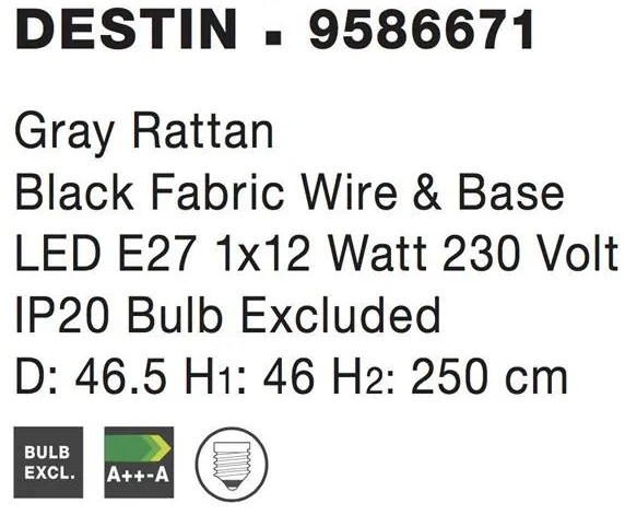 Nova Luce Závěsné svítidlo DESTIN železo a ratan, šedá barva E27 1x12W