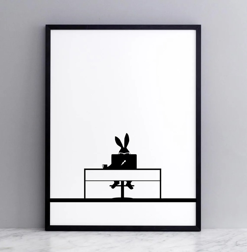 HAM Sítotisk s králíkem Working Rabbit 30x40 cm, černá barva, papír
