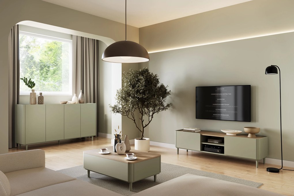 TV stolek Elivo 170 cm na nožkách - eukalyptus / dub baltic dune