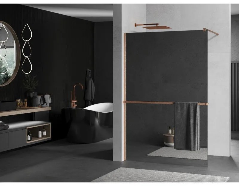 Mexen Kioto+, sprchová zástěna Walk-In s poličkou a věšákem 110 x 200 cm, 8mm sklo vzor zrcadlo, měděný matný profil, 800-110-121-65-50