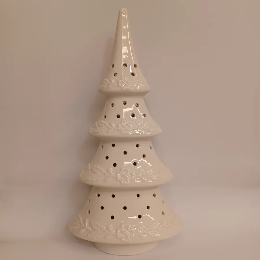 LED dekorace keramický stromeček, 15 × 9,2 × 29 cm, teple bílá, 2× LR44