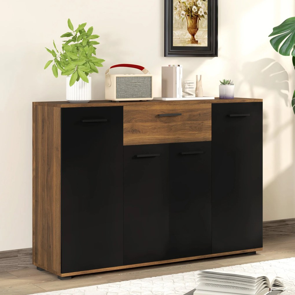 HOMCOM Hnědý a Černý Kufenický Úložný Kabinet s 4 Skříňkami, Zásuvkami a Nastavitelnými Policemi, Rozměry 120 x 35 x 85 cm | Aosom
