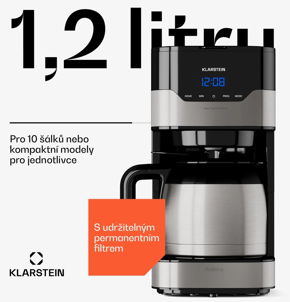 Klarstein Arabica, kávovar, 800 W, 1,2 l, Easy-touch control, stříbrno/černý