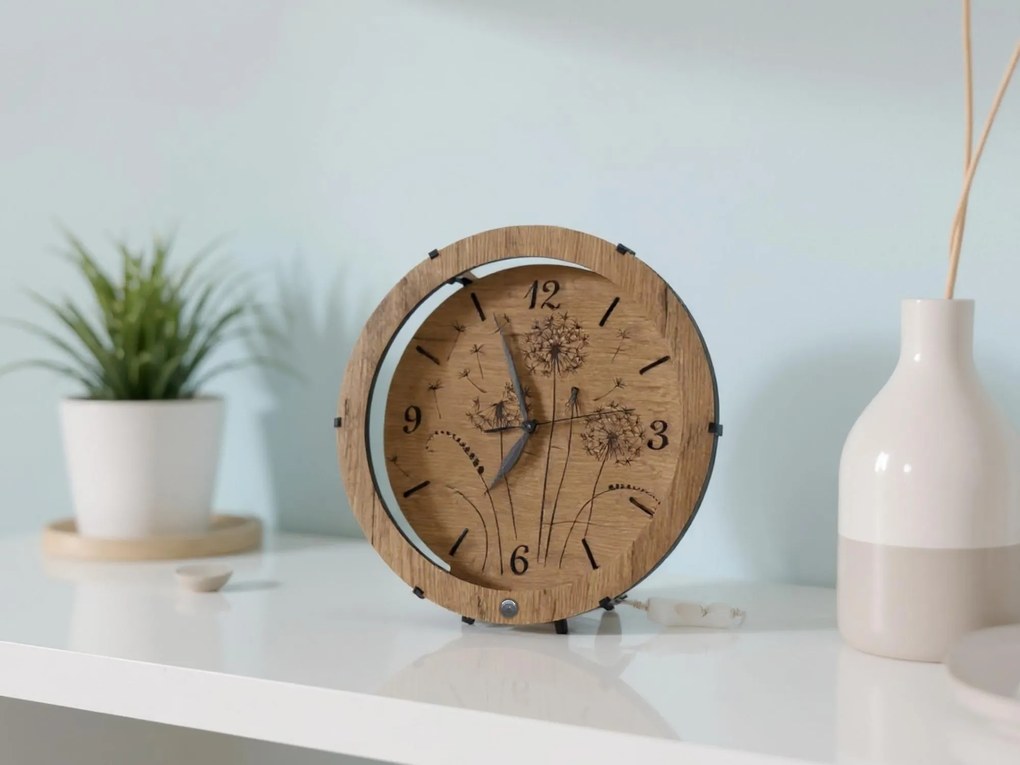 Li-Go "Pampeliška" světelné hodiny s powerbankou a pohybovým čidlem/dub velikost svítidla/hodin: 31 cm