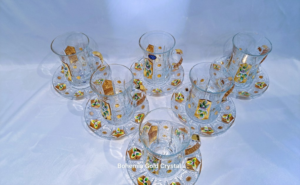 Čajové skleničky Armuda s talířky, zlato a smalt 6 + 6 ks