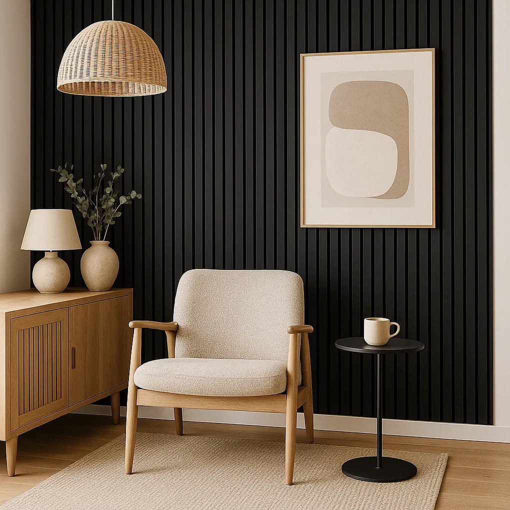 3D Dřevěné lamely na zeď na filci 255x46cm - ČERNÉ