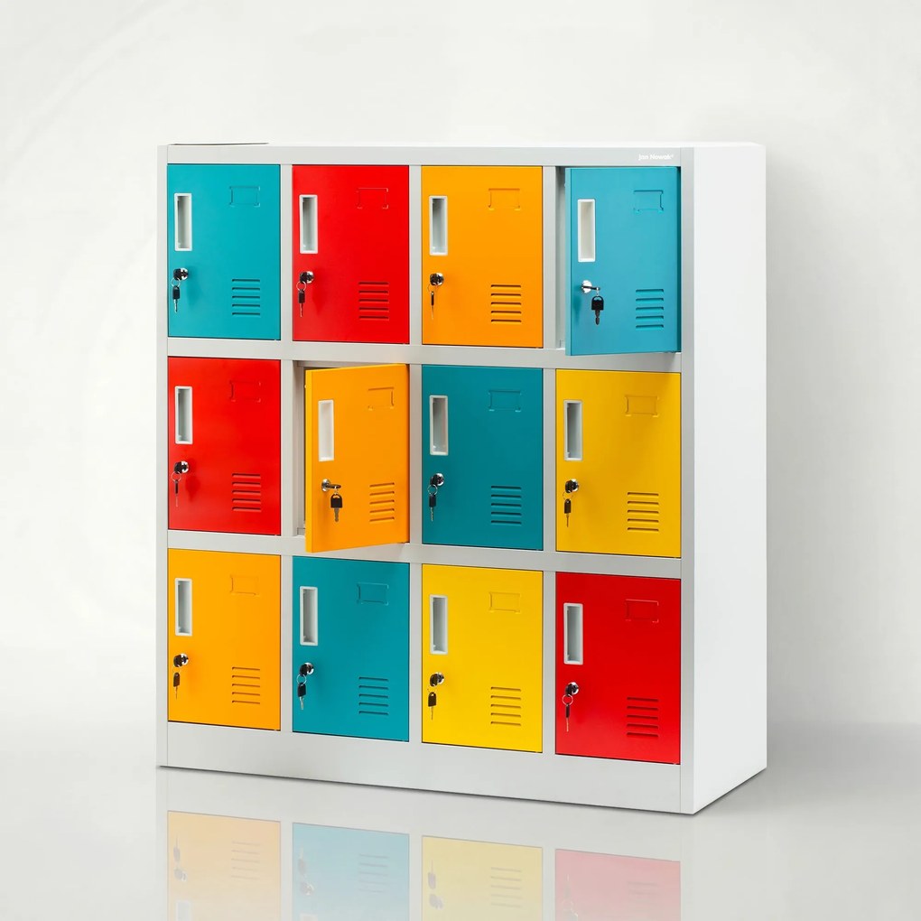 Plechová šatní skříň s 12 boxy OLA, 1090 x 1200 x 450 mm, šedo-více barevní
