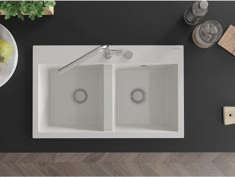 Mexen Hektor dřez žulový 2-komorový 800 x 480 mm, bílý, sifon chrom - 6521802000-20