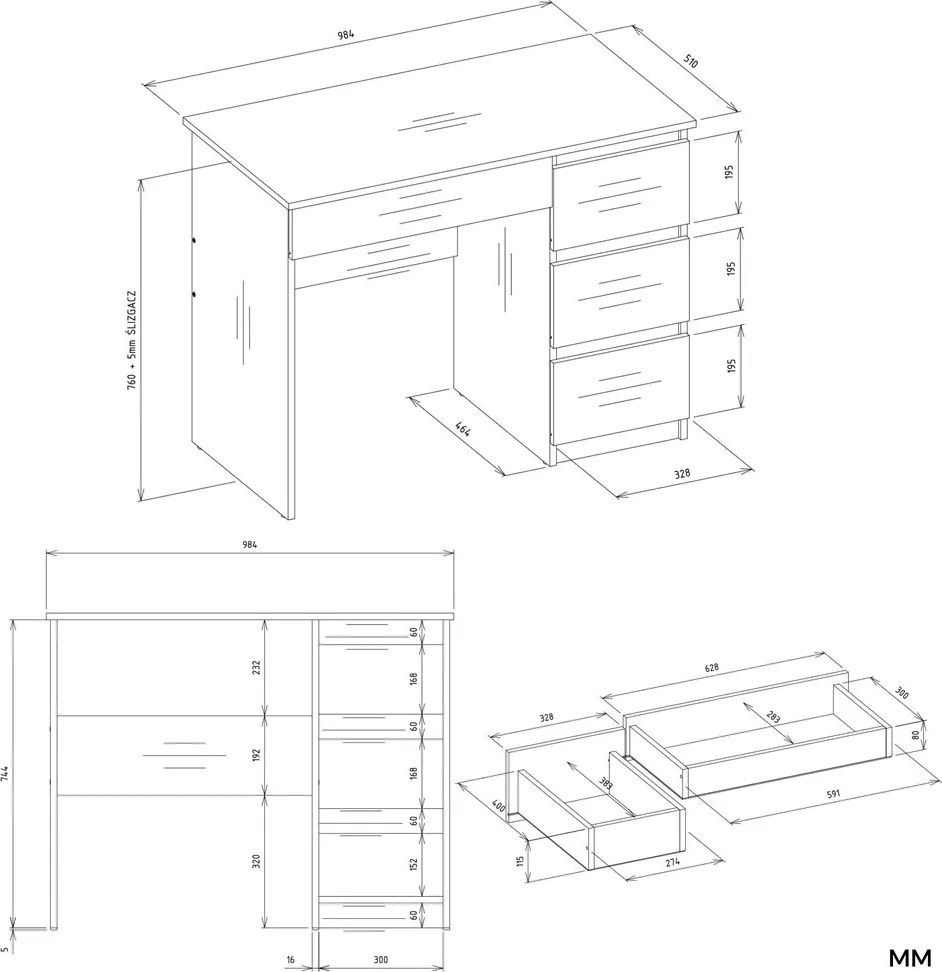 Psací stůl s nástavbou MIJAS pravý matně bílý