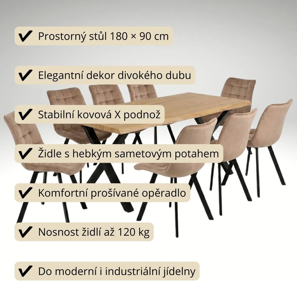 Vikio Jídelní set pro 8 osob 180x90 cm soft dub noha X béžová židle VJS238-8BE-S