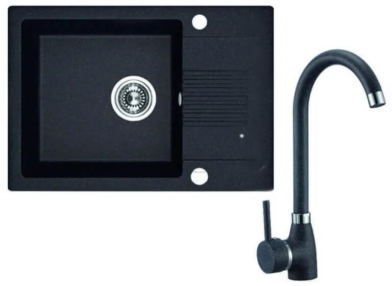 Laveo Ceilia, 1-komorový granitový dřez 650x440x185mm + vysoká dřezová baterie, černá, LAV-SJCG713T