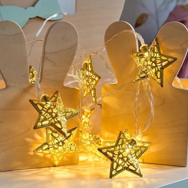 LED světelný řetěz, kovové hvězdy, 7 m, vnitřní, teple bílá, 20 diod, čirý kabel, IP20, vč. zdroje