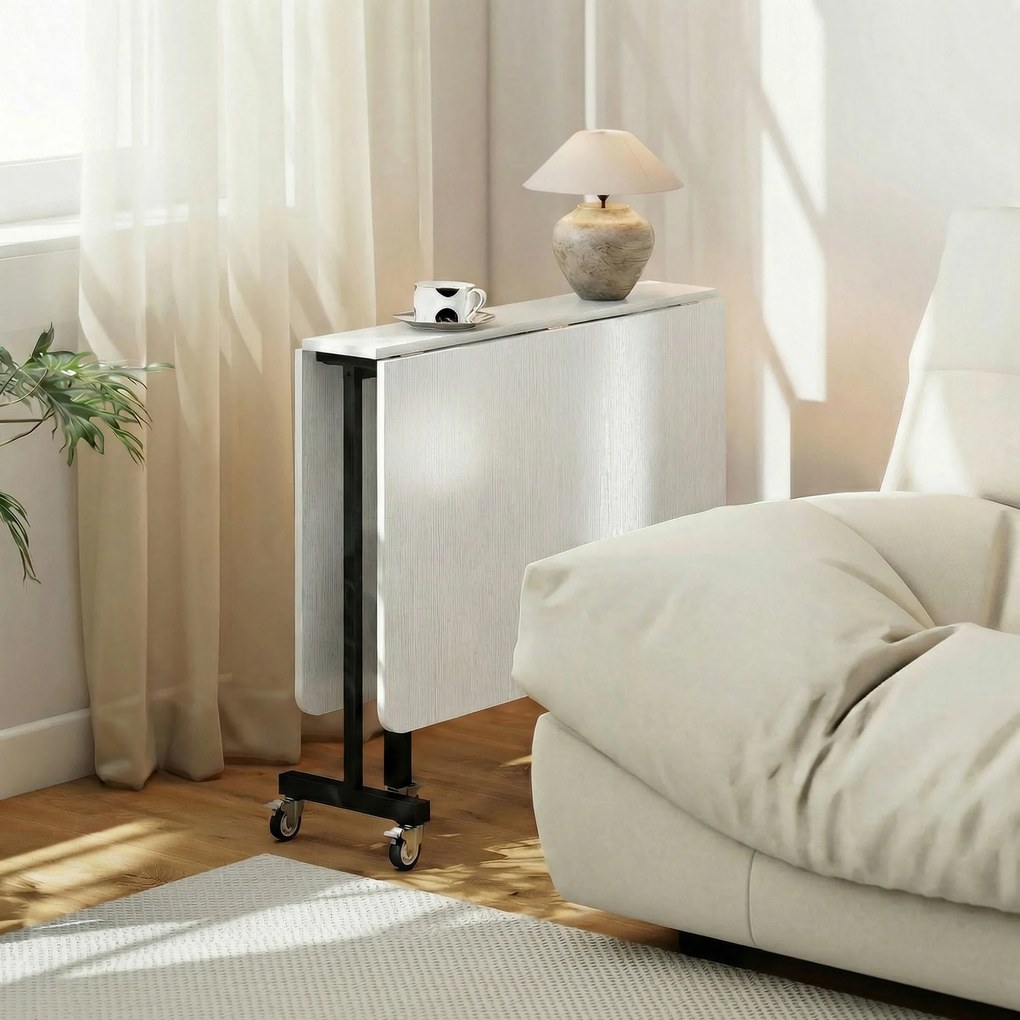 HOMCOM skládací jídelní stůl pro 4–6 osob s kolečky, ocelové nohy — úspora místa, mobilní stůl do malé kuchyně, 120 x 80 x 73 cm, bílý