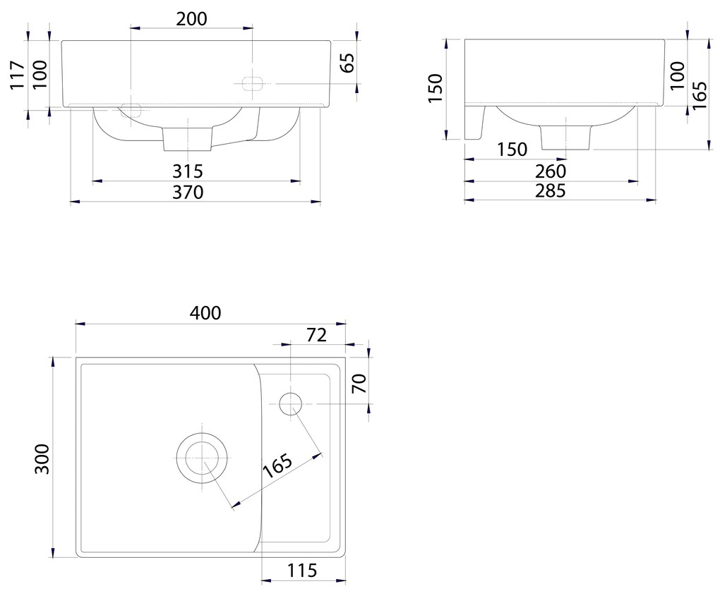 Sapho Sapho, NUALI keramické umyvadlo 40x30 cm, pravé, bílá, TU0128