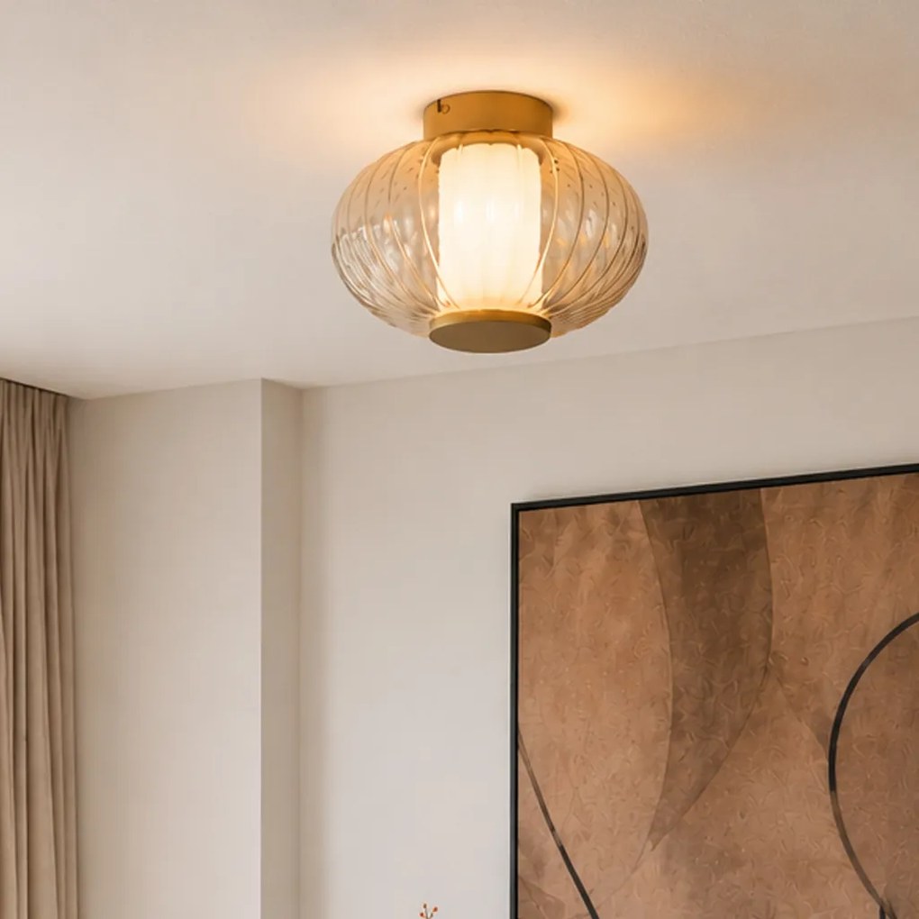 Designové stropní svítidlo mosazné 28cm s jantarovým sklem vč. LED 3-stupňově stmívatelné - Margherite