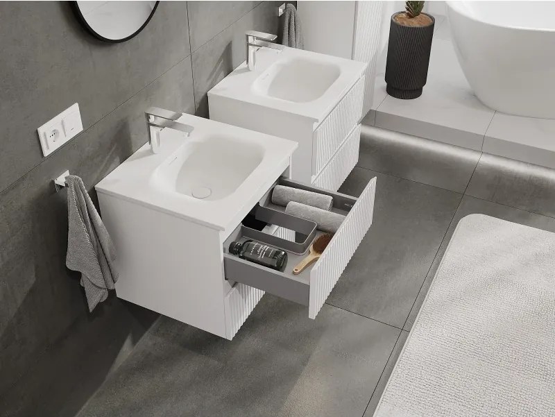 Mexen Rivel, koupelnová skříňka 50 cm s umyvadlem Vela, 2 zásuvky, drážkovaná, bílá matná, 91A20-05047-2-BFF01-W23M01