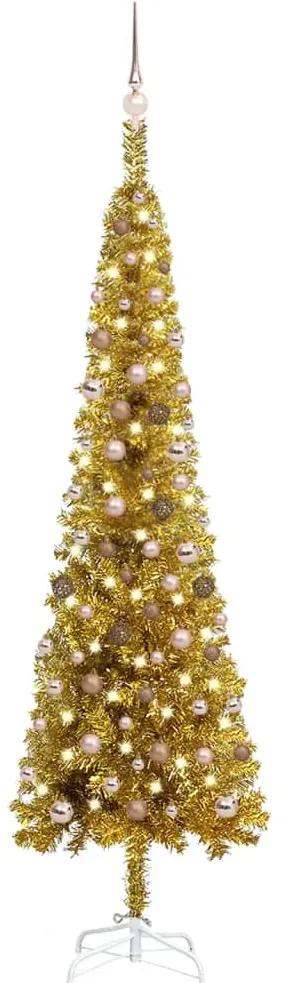 3078089 vidaXL Úzký vánoční stromek s LED diodami a sadou koulí zlatý 240 cm