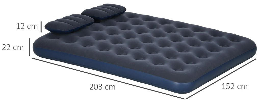 Nafukovací matrace Outsunny Double Air Mattress s ruční pumpou a polštářem, modrá 203x152x22cm pro kempování a hosty