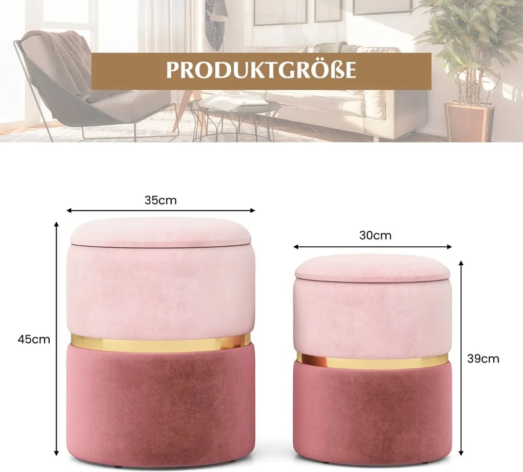 Costway Sada 2 sametových taburetů s 32 l + 21 l úložným prostorem Ottomans