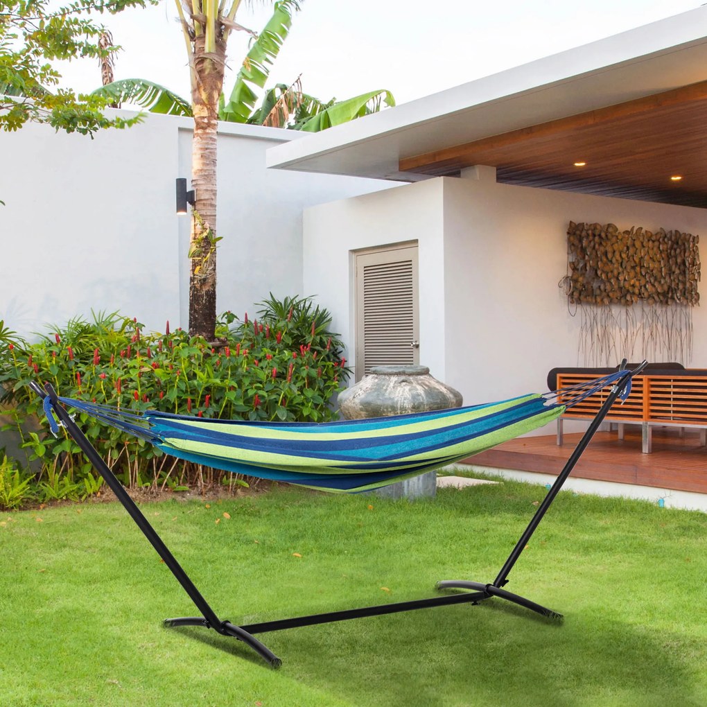 Houpací síť Outsunny s konstrukcí 310x117 cm, přenosná kempovací houpací síť s nastavitelnou výškou, nosnost 120 kg, pruhovaná zelená a modrá