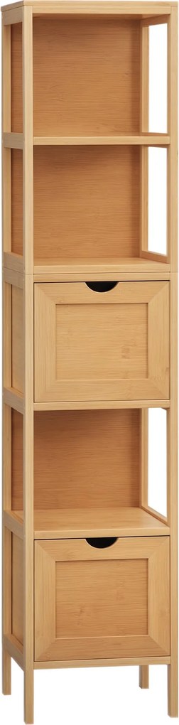 Kleankin koupelnová skříňka s 2 šuplíky, 3 policemi, úzká boční skříňka z bambusu pro koupelnu a obývací pokoj 30 x 30 x 140 cm přirozená | Aosom